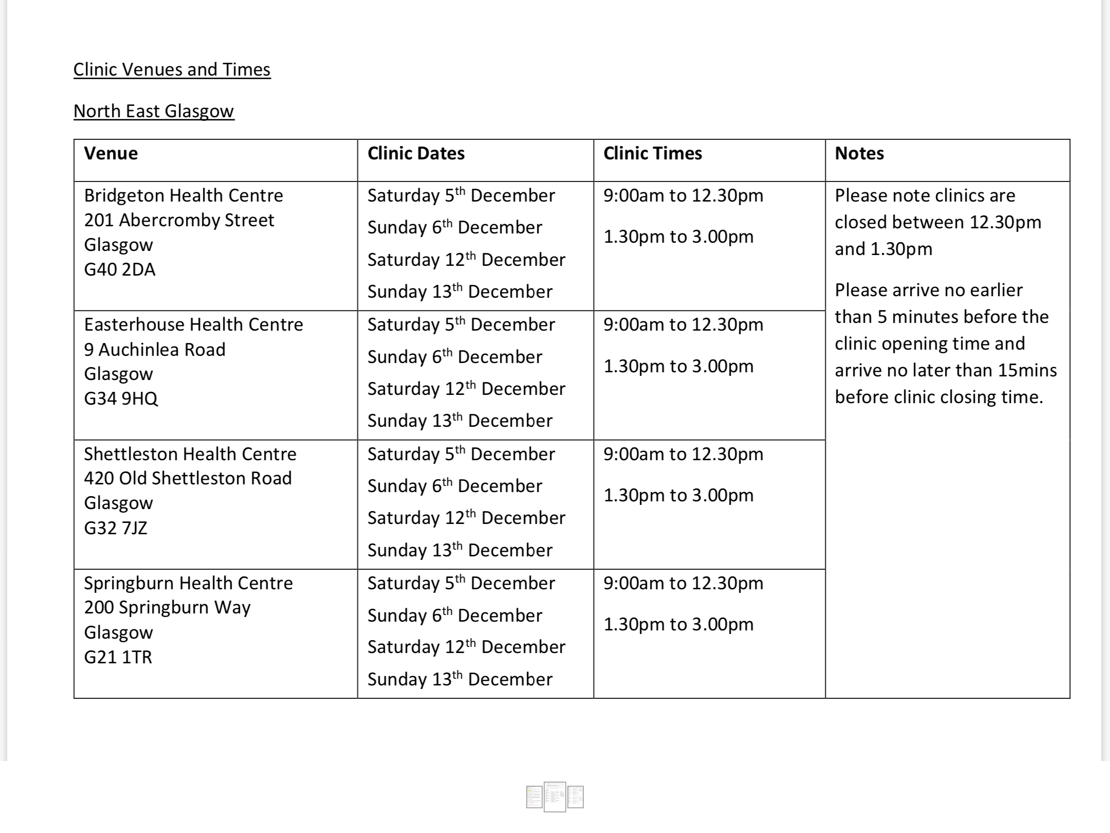 Clinic venues and times